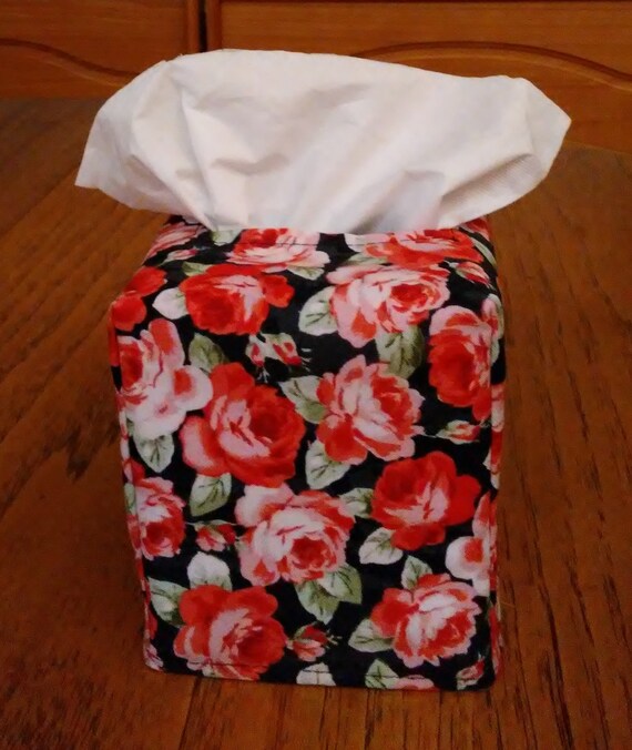 Tissue Box Cover Square Red and Pink Roses on Black Fabric - Etsy