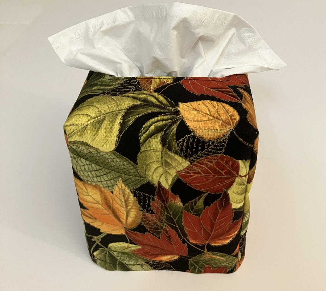 Tissue Box Cover, Square, Glittering Fall Leaves on Black Square Tissue ...