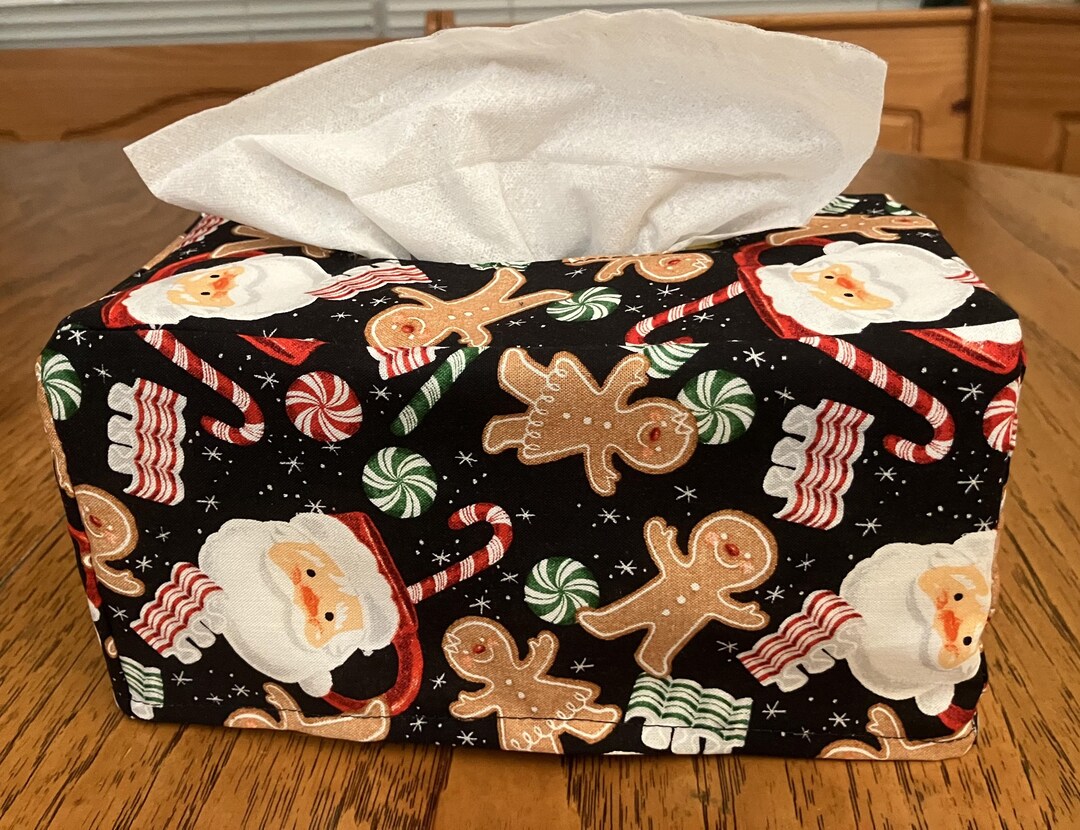 Tissue Box Cover, Rectangle, Santa and Christmas Treats on Black Fabric ...