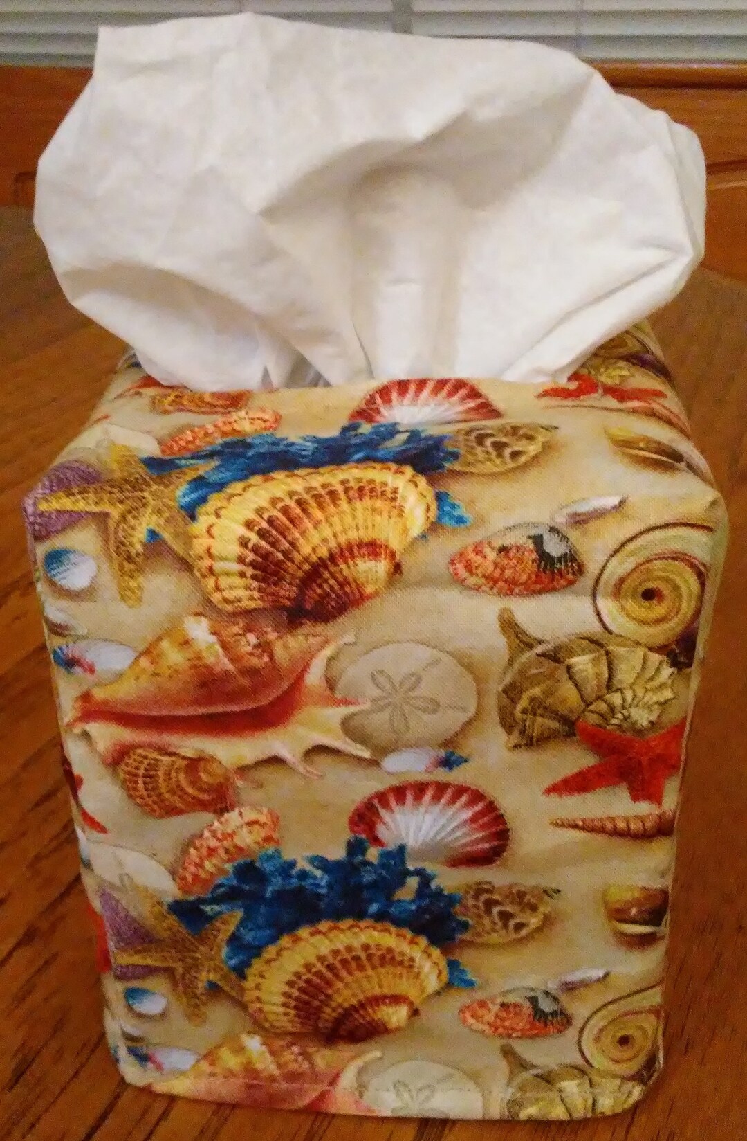 Tissue Box Cover, Square, Colorful Sea Shells on Tan Fabric Square ...