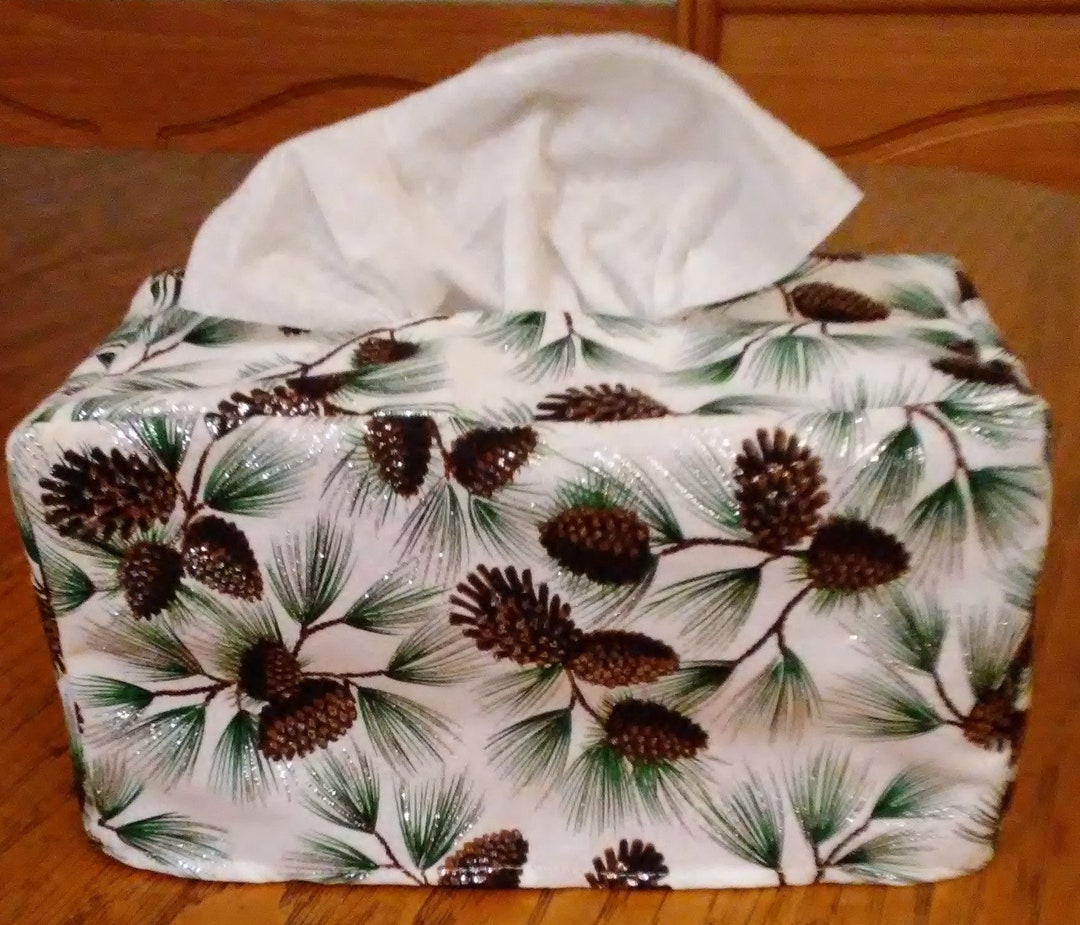 Tissue Box Cover, Rectangle, Glittering Pine Cones on White Rectangular ...