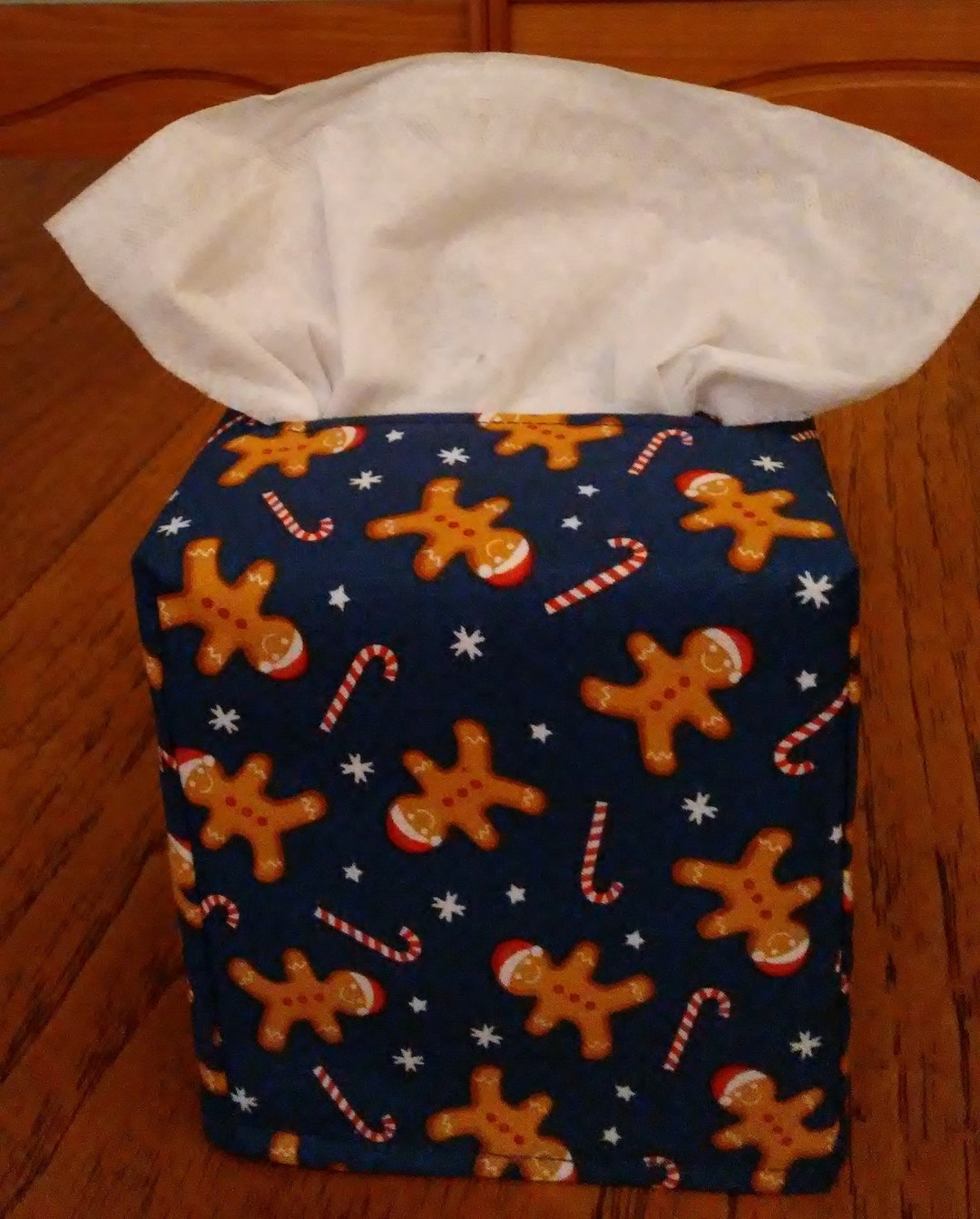 Tissue Box Cover, Square, Gingerbread Shuffle on Navy Fabric Square ...