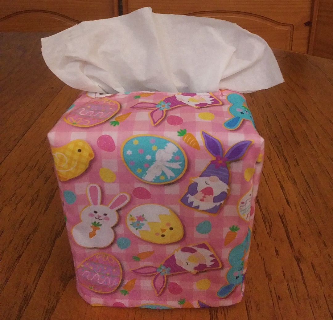 Tissue Box Cover, Square, Colorful Easter Cookies on Pink Plaid Fabric ...