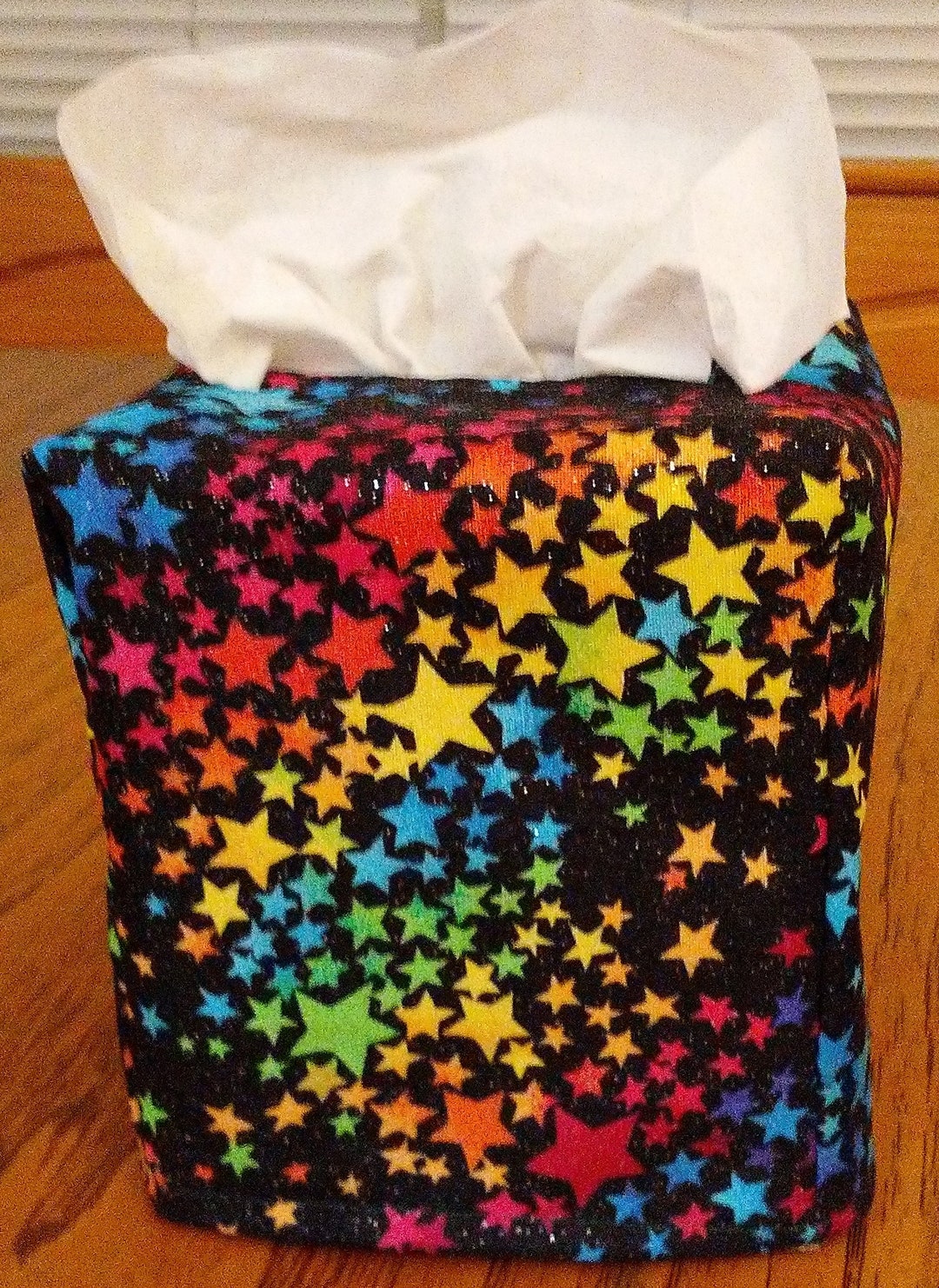 Tissue Box Cover, Square, Glittering Colorful Stars on Black Square ...