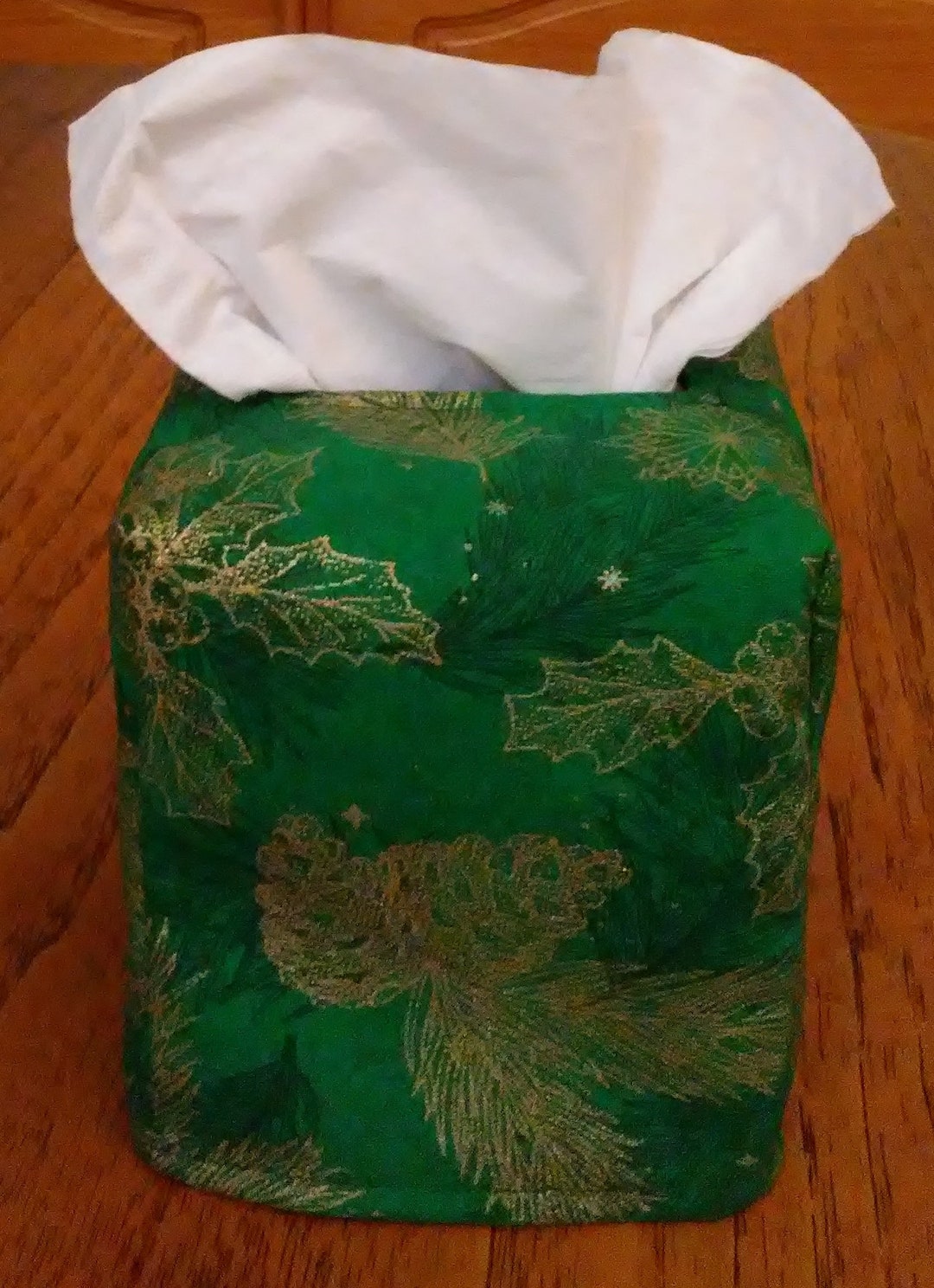 Tissue Box Cover, Square, Glittering Gold Pine Cones and Holly on ...