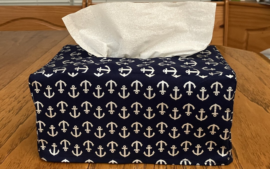 Tissue Box Cover, Rectangle, Glittering Silver Nautical Anchors on Navy ...