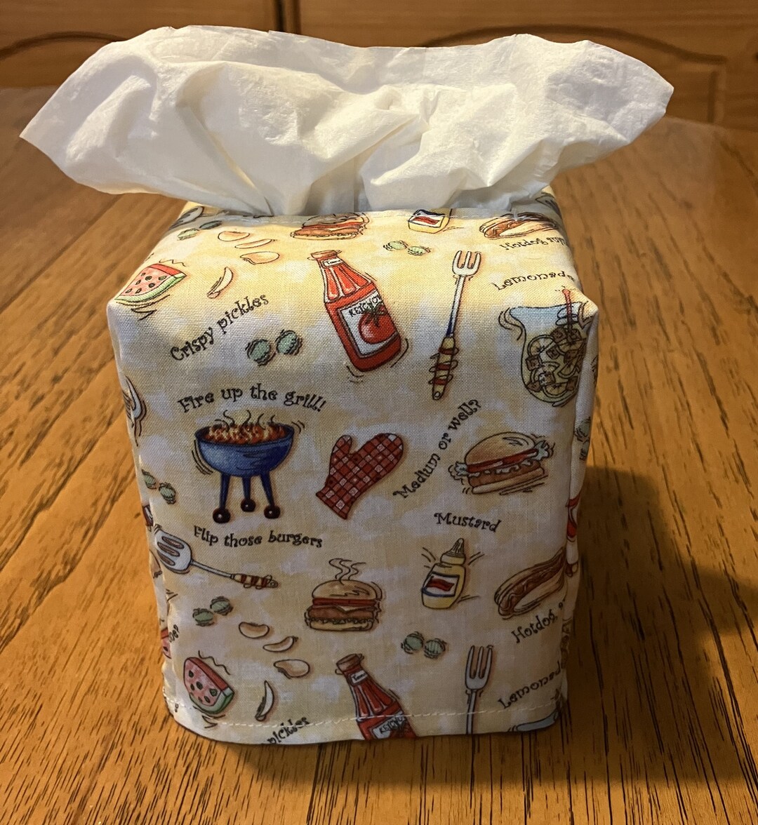 Tissue Box Cover, Square, Flip the Burgers Barbeque Theme Fabric Square ...