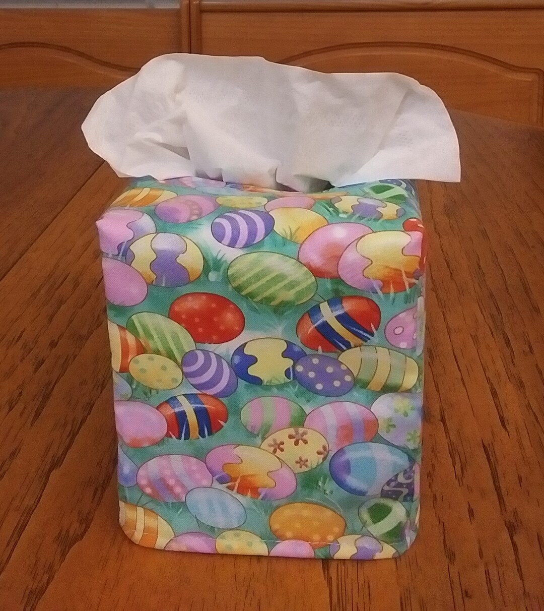 Tissue Box Cover, Square, Colorful Easter Eggs on Green Grass Fabric ...