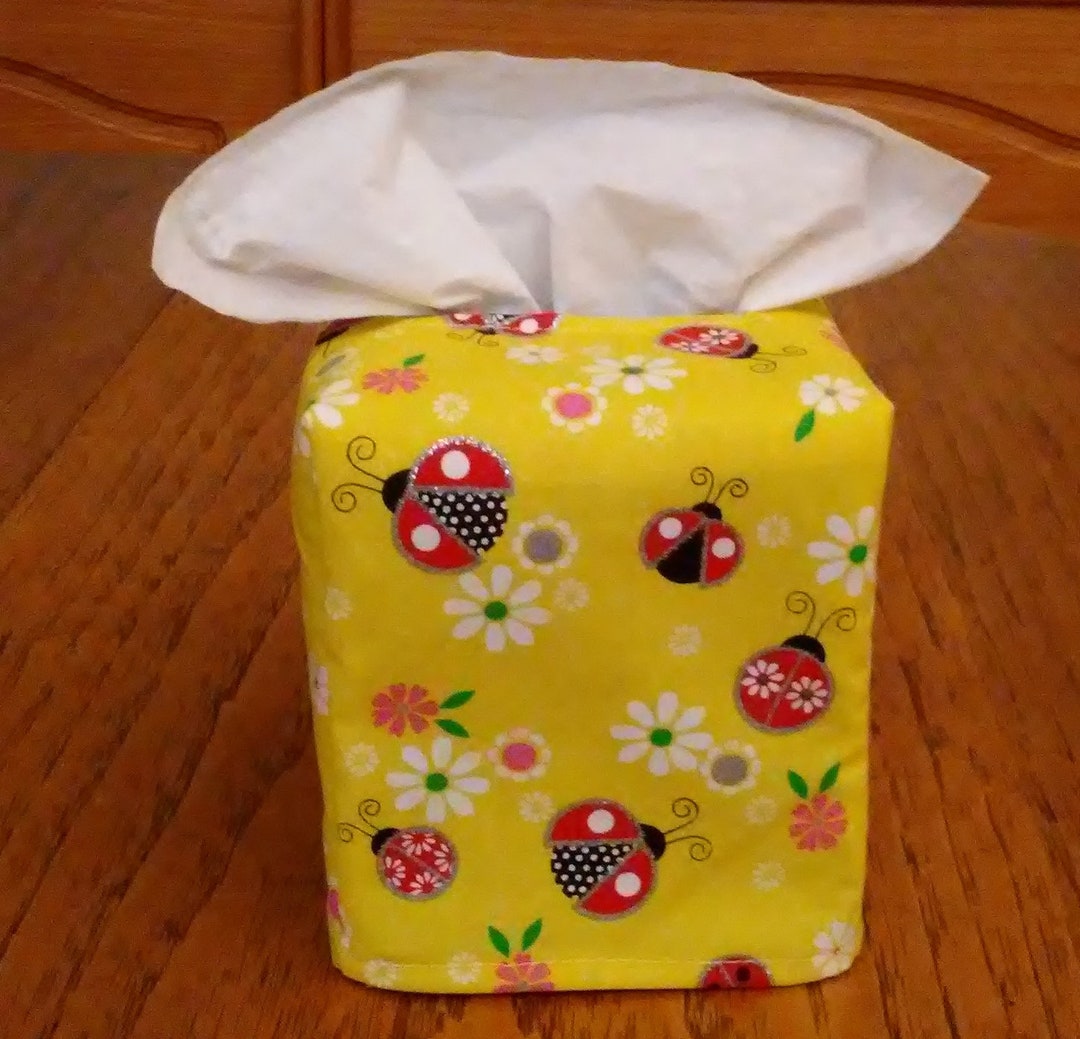 Tissue Box Cover, Square, Glittering Lady Bugs and Flowers on Yellow ...