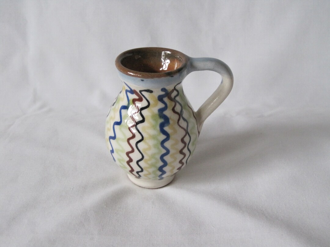 Pitcher; Small Pottery Pitcher Vase With Wavy Lines in Blue Red Green ...