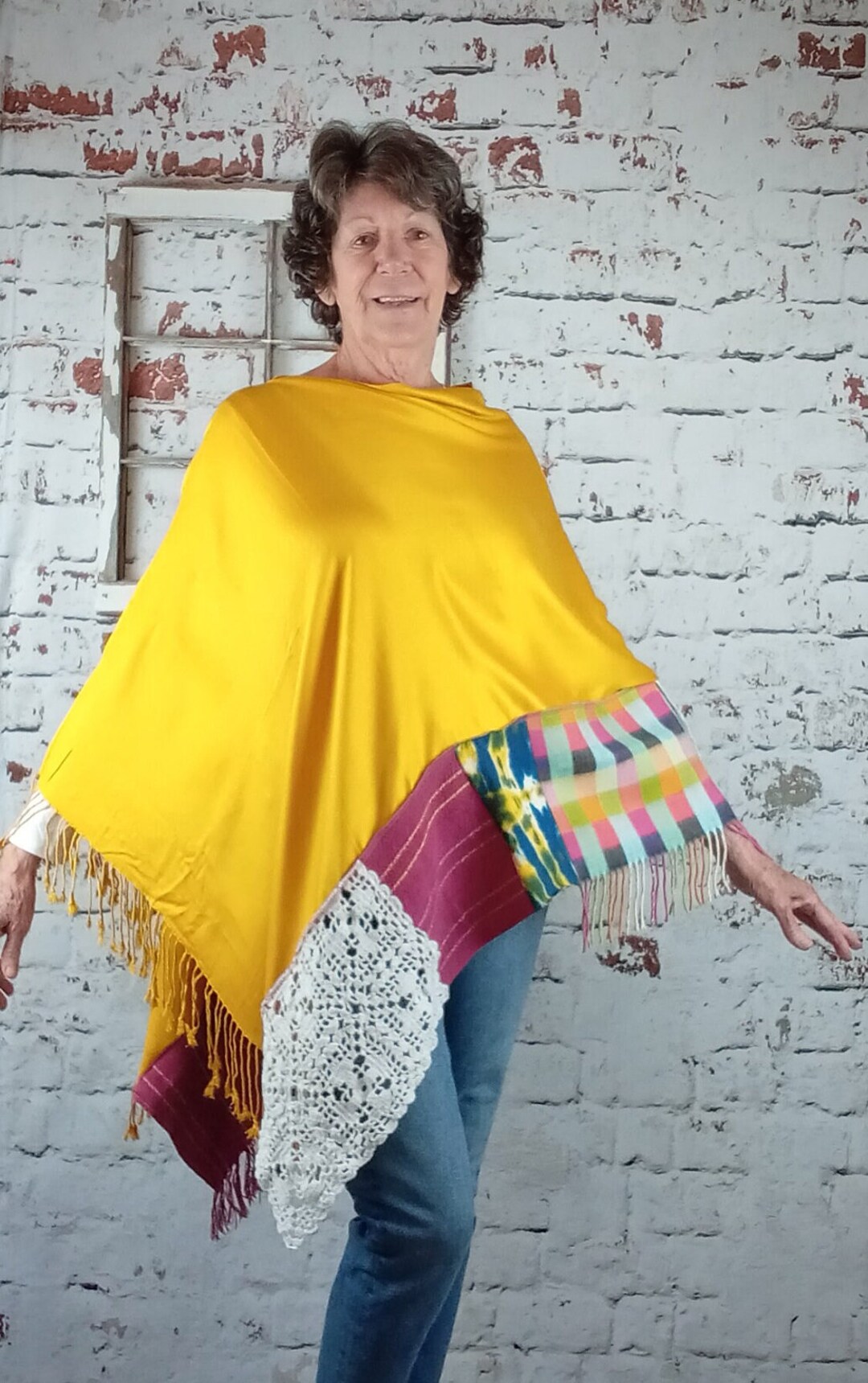 Gold Boho Poncho, Lightweight Shaw,one Size, Upcycled, Shabby Chic Shaw ...