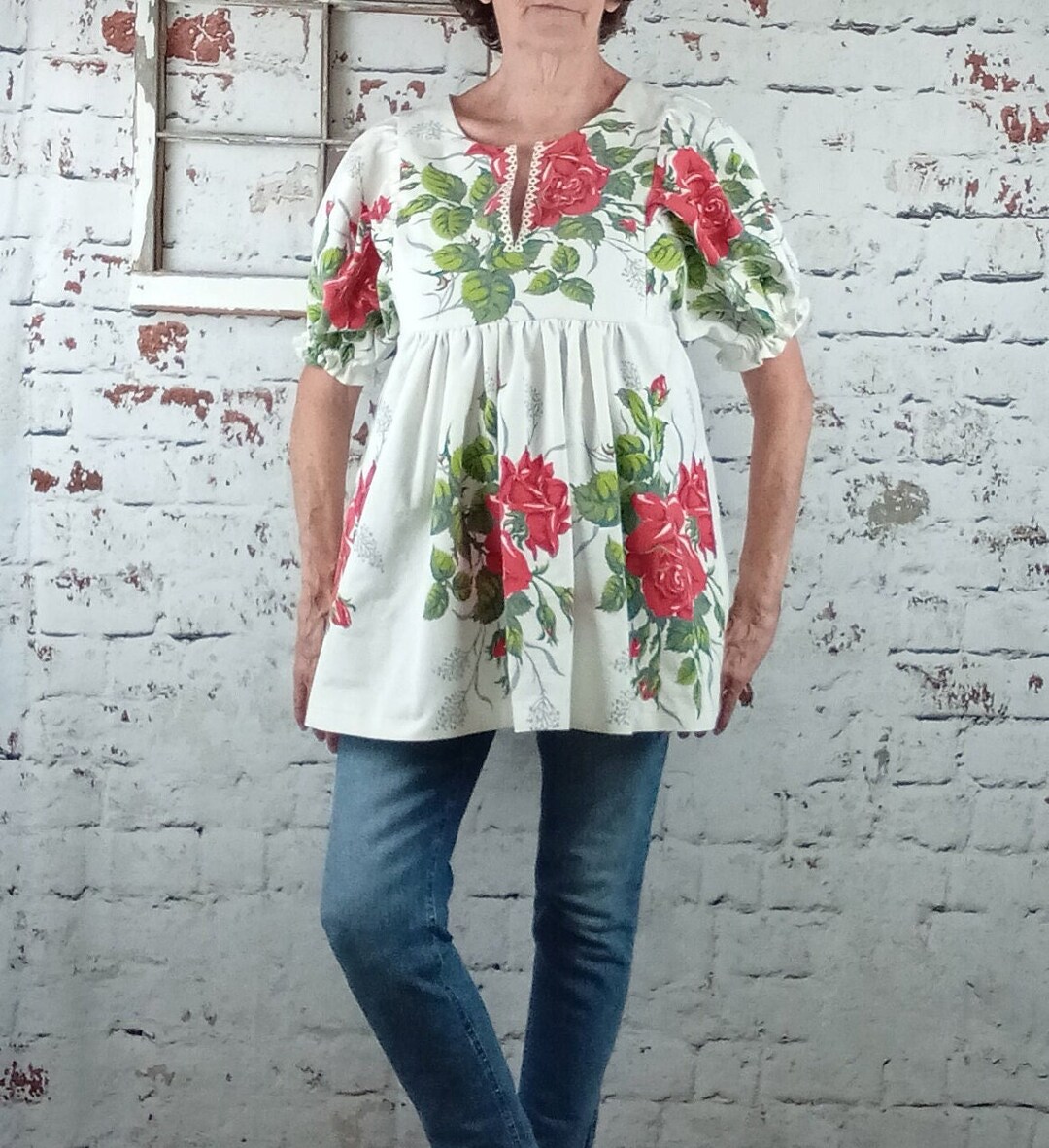 Upcycled Tablecloth Shirt, Ladies Top With Roses, Repurposed Clothing ...