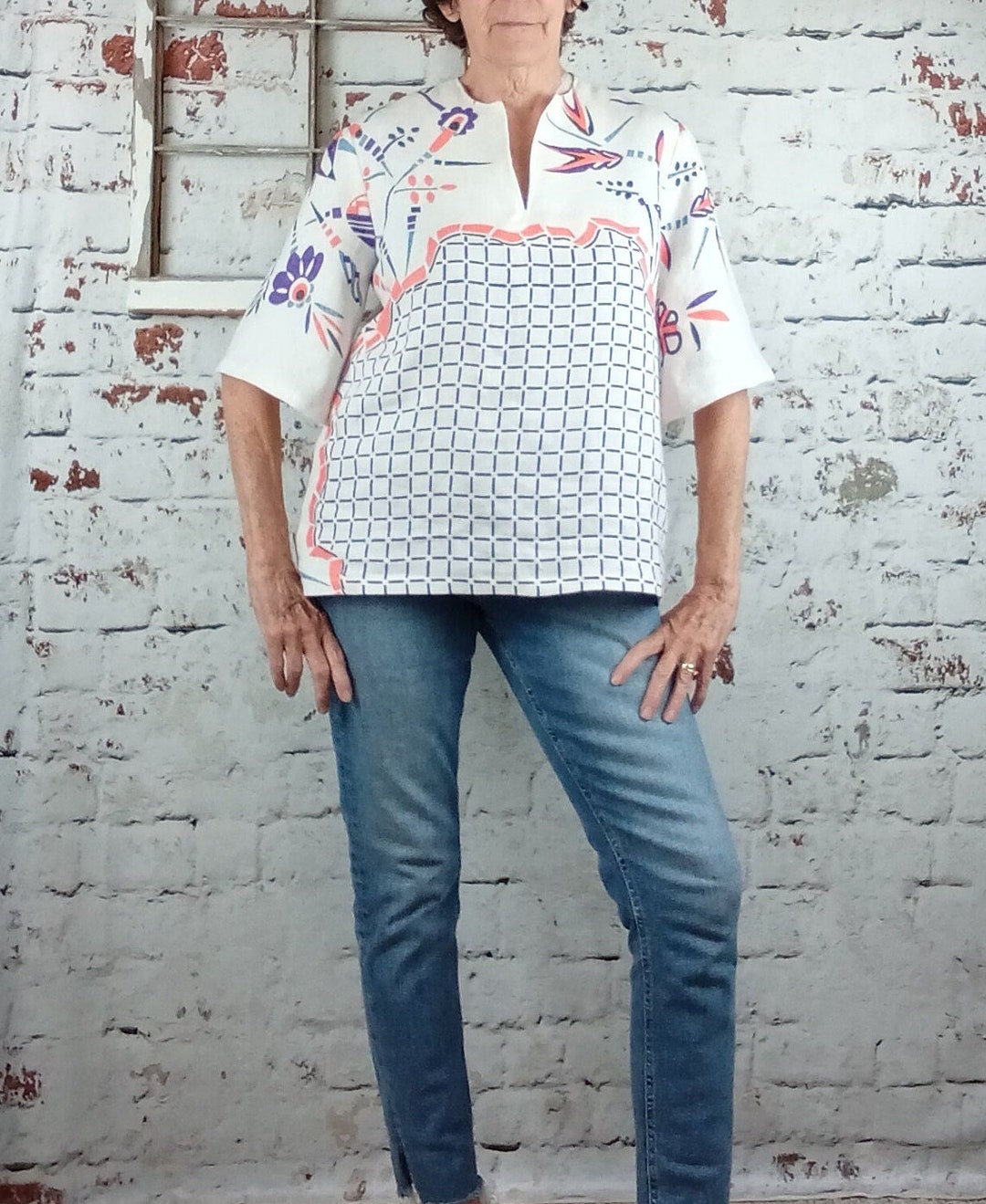 Retro Tablecloth Shirt, Ladies Upcycled Top, Size M/LG, Repurposed ...