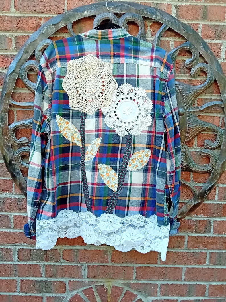 Upcycled Flannel Shirt: Vintage Doily Flower Back, Lace Trim - Boho ...