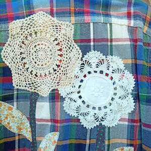 Upcycled Flannel Shirt: Vintage Doily Flower Back, Lace Trim - Boho ...