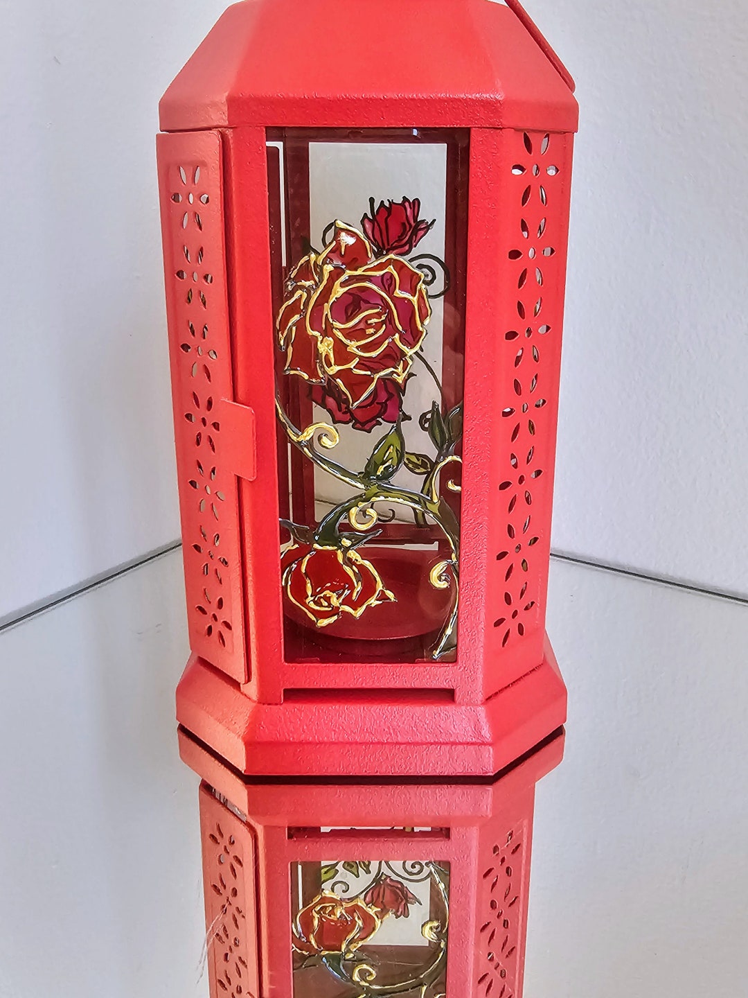 Red Roses Hand Painted Red Metal Lantern, Indoor/outdoor, Stained Glass ...