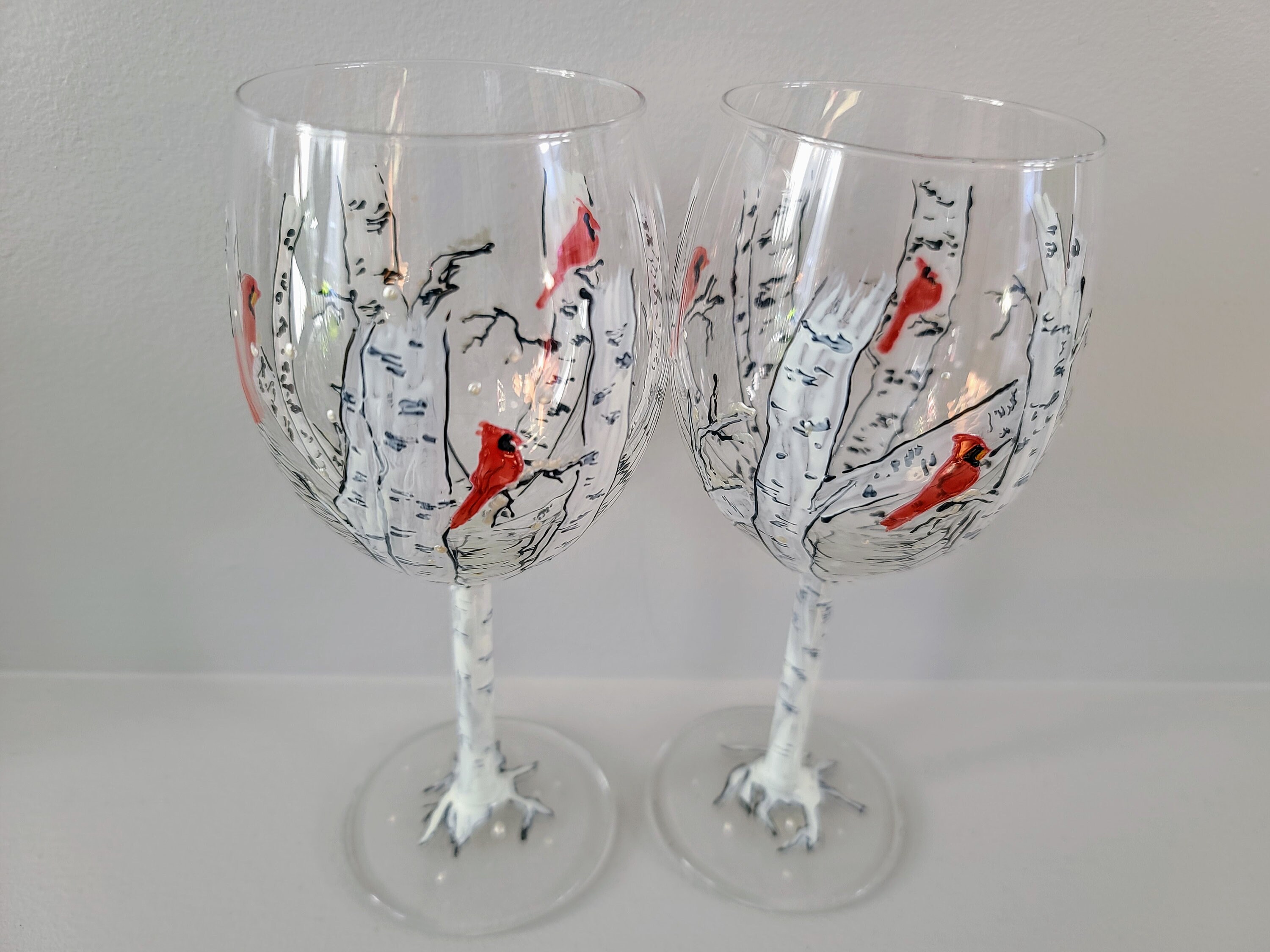 Set of 2, Wine Glasses Hand Painted , Cardinals on Birch Tree ...