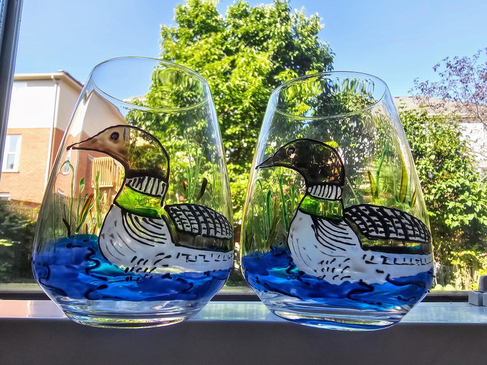 LOON , Stemless Wine Glasses , Hand Painted , Common Loon ,glass ...