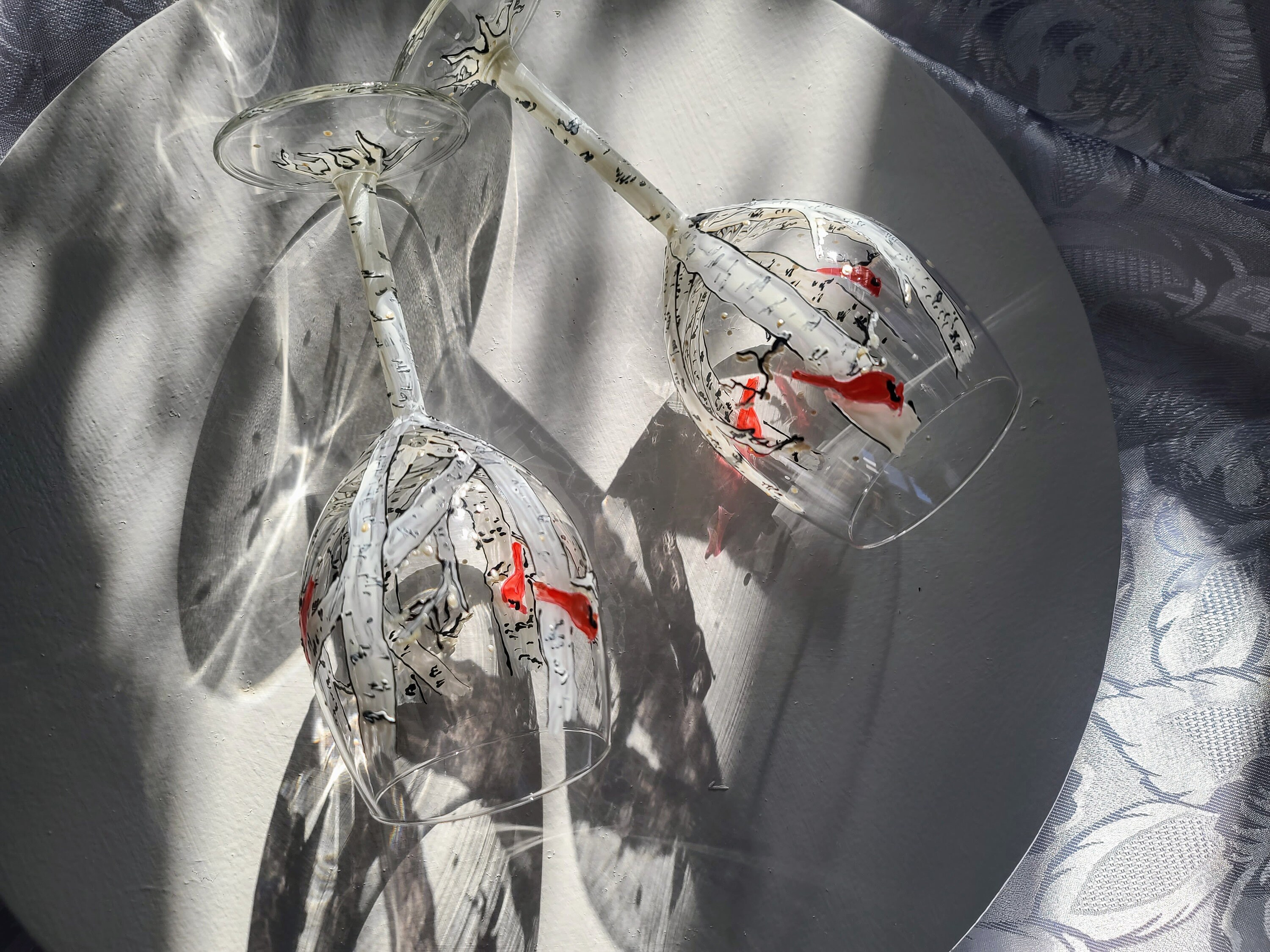 Set of 2, Wine Glasses Hand Painted , Cardinals on Birch Tree ...