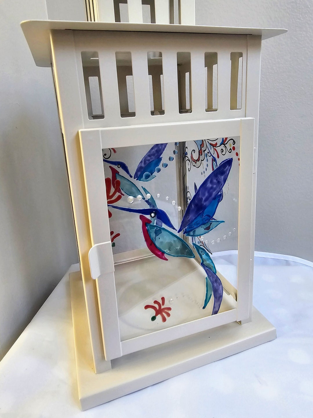 Hummingbird Lantern Hand Painted , Faux Stained Glass , Hanging ...