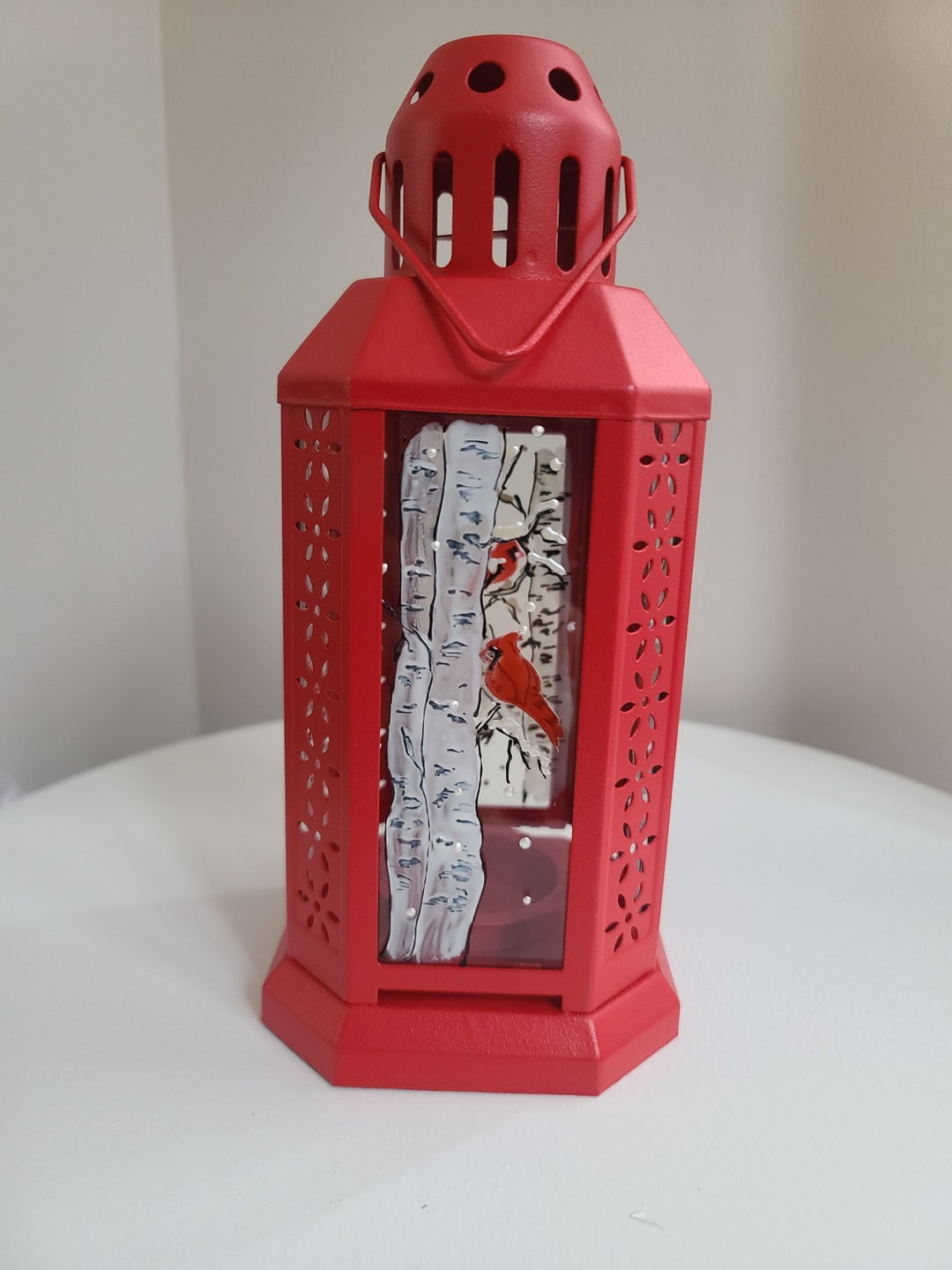 Hand-painted Glass Lantern With Birch Tree and Red Cardinals-cardinal ...