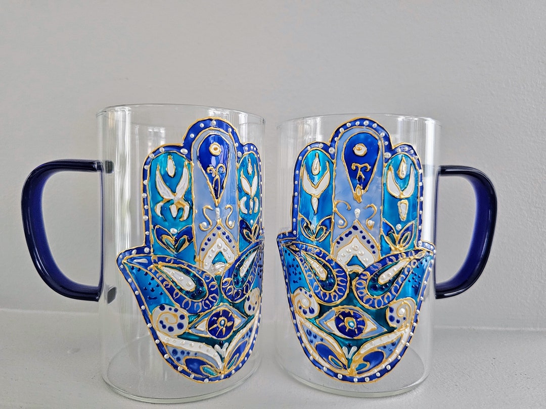 Set of 2 Blue Hamza ,hand of Fatima, Hamsa, Hand Painted Glass Mugs ...