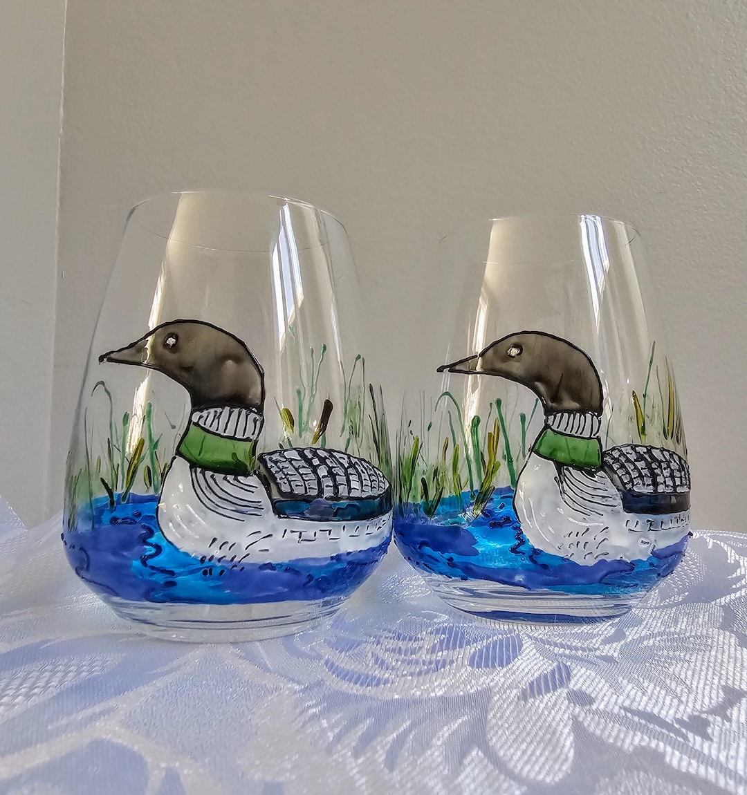 LOON , Stemless Wine Glasses , Hand Painted , Common Loon ,glass ...