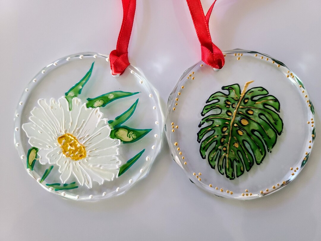 Monstera Leaf/ Daisy Hand Painted Sun Catcher, Unique, Stained Glass ...