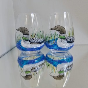 LOON , Stemless Wine Glasses , Hand Painted , Common Loon ,glass ...