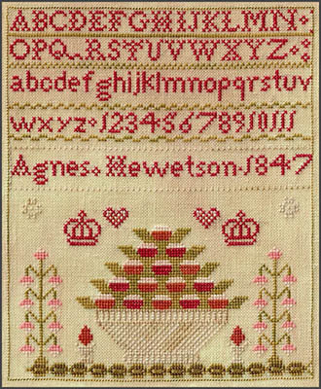 PINEBERRY LANE agnes Hewetson Primitive Cross Stitch Pattern an Antique Reproduction Sampler ...
