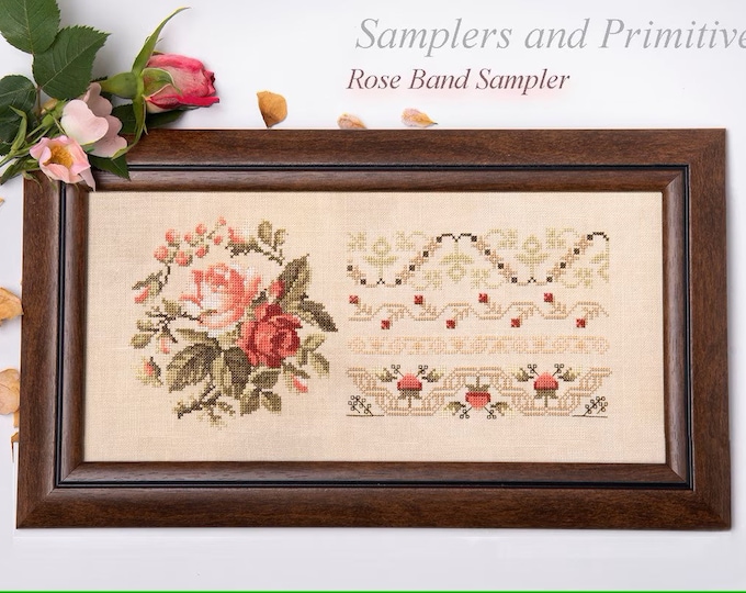 SAMPLERS and PRIMITIVES "the Rose Band Sampler" Counted Cross Stitch ...
