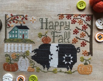 Happy Fall Pig in a Pumpkin Patch Primitive Folk Art Cross Stitch ...