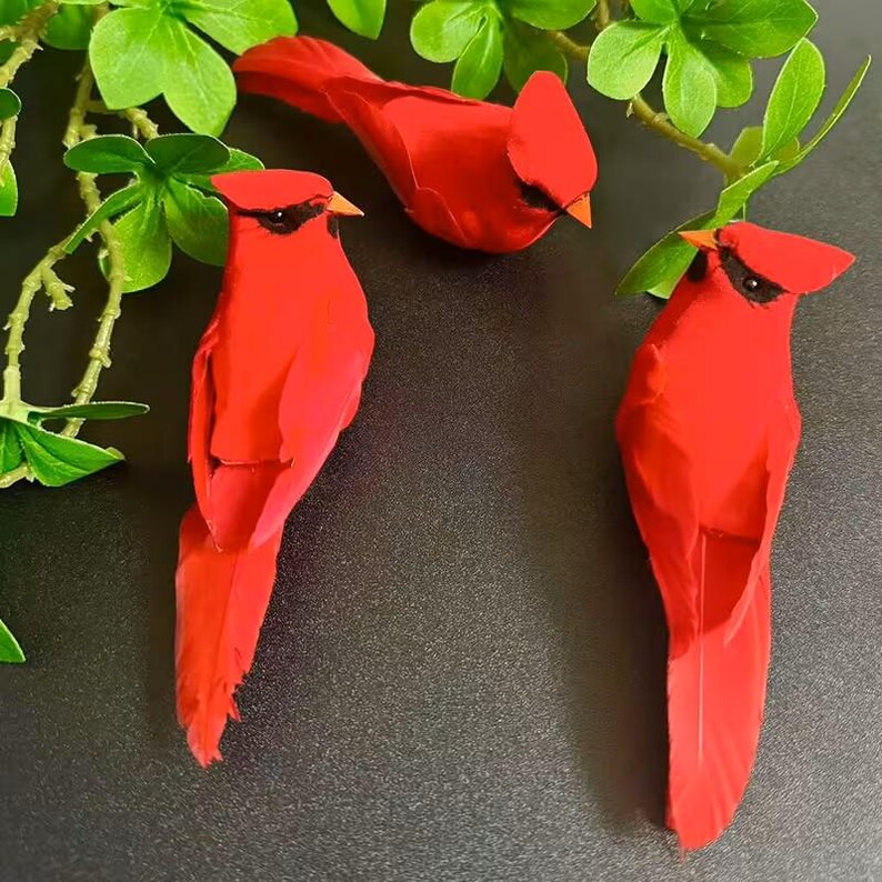 5" Artificial Feathered Red Cardinal Birds ~ Set of 3 Clip on Christmas ...