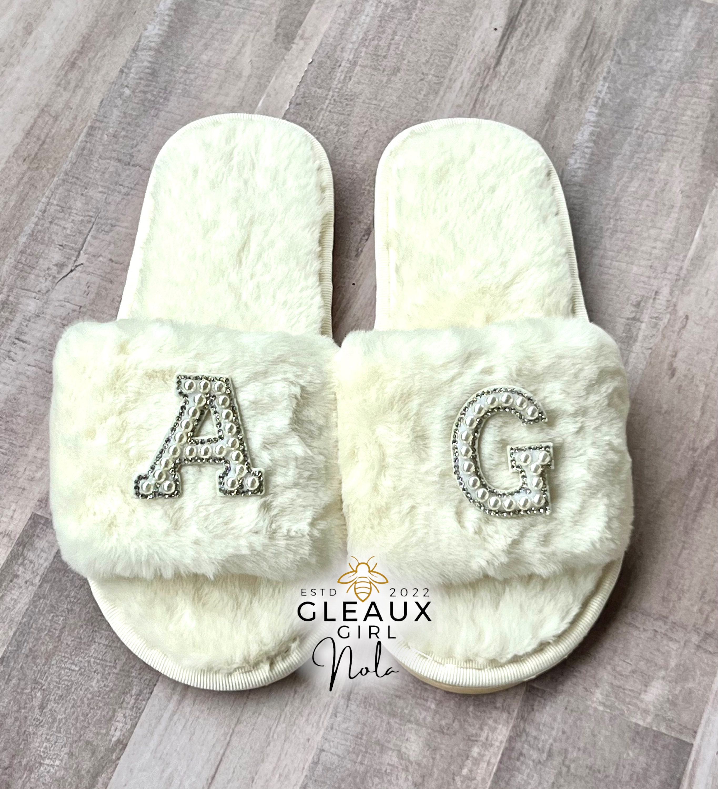 Custom Pearl Fluffy Slippers, Custom Initial Slipper,personalized ...