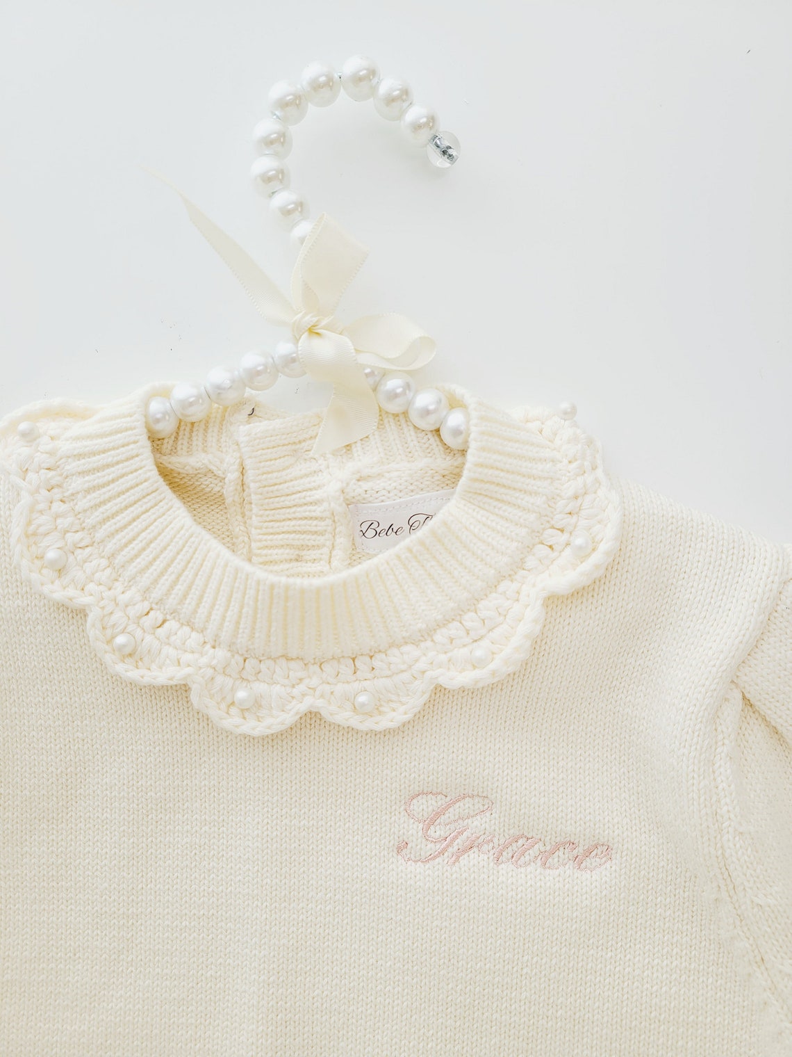 Personalized Girls Ivory Sweater With Pearls Embroidered Name | Etsy
