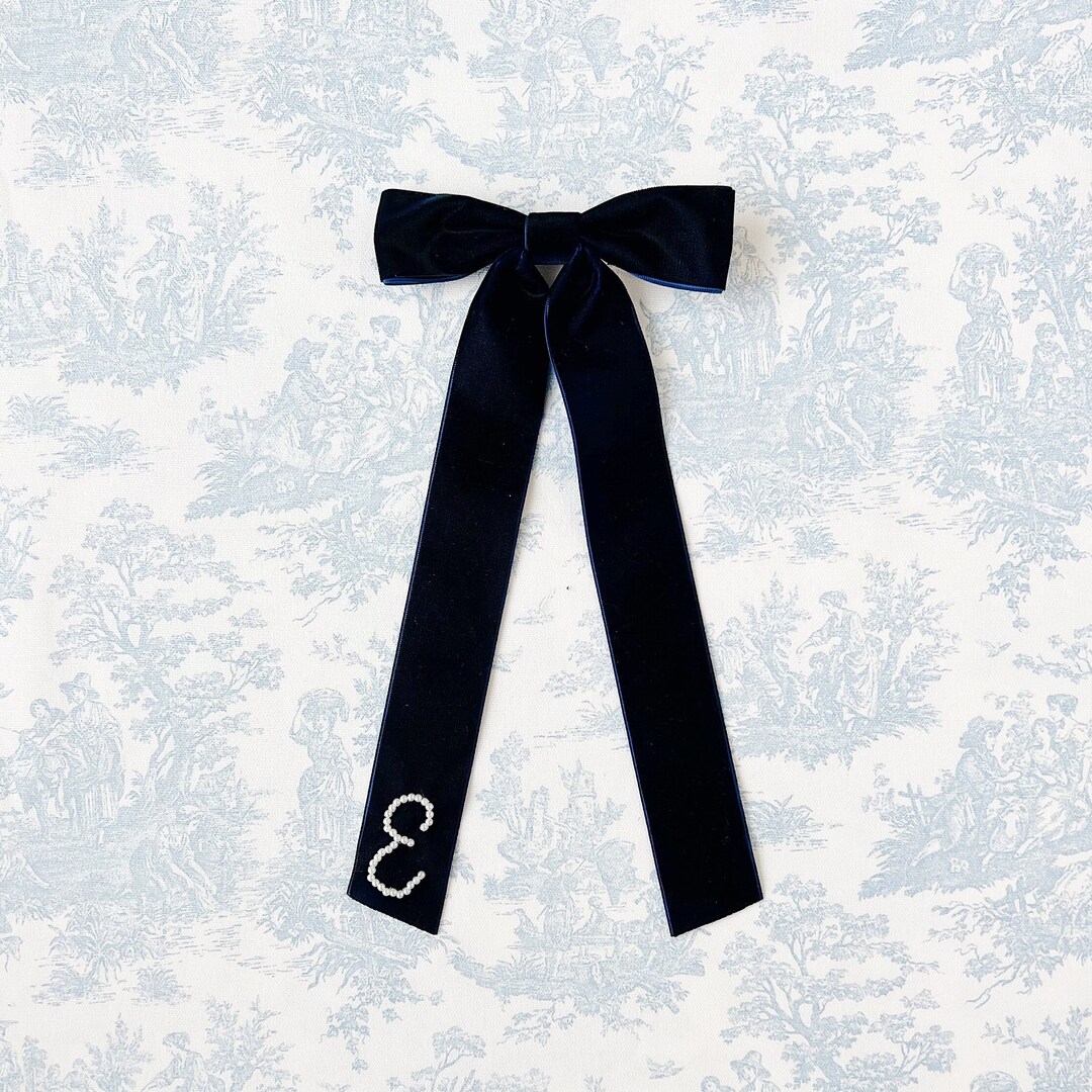 Navy Velvet Long Pearls Initial Bow Personalized Womens Girls Hair Pin ...