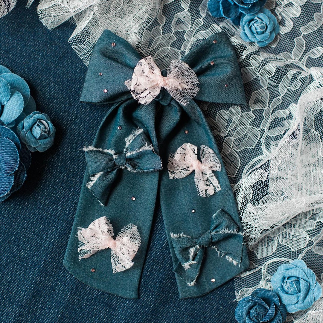 Bespoke Dark Denim Bows on Bow Shabby Chic Crystals Keepsake Bow - Etsy