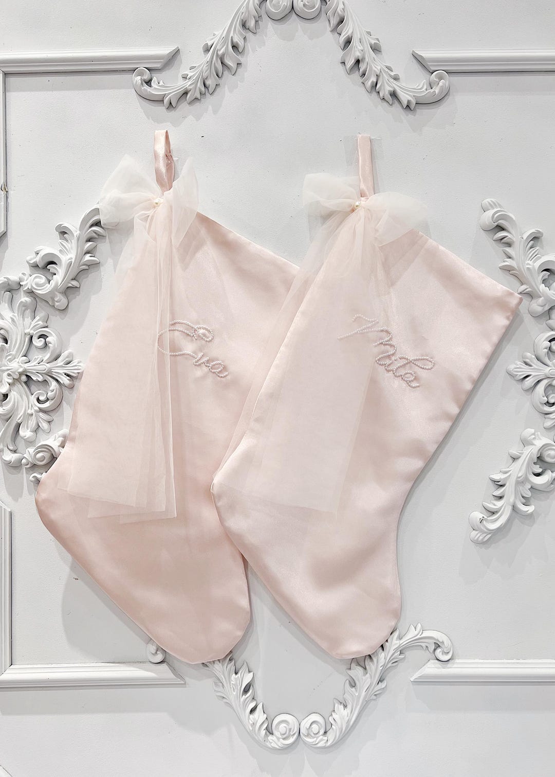 Blush Pink Rose Satin Beaded With Pearls Embroidered Holiday Christmas ...