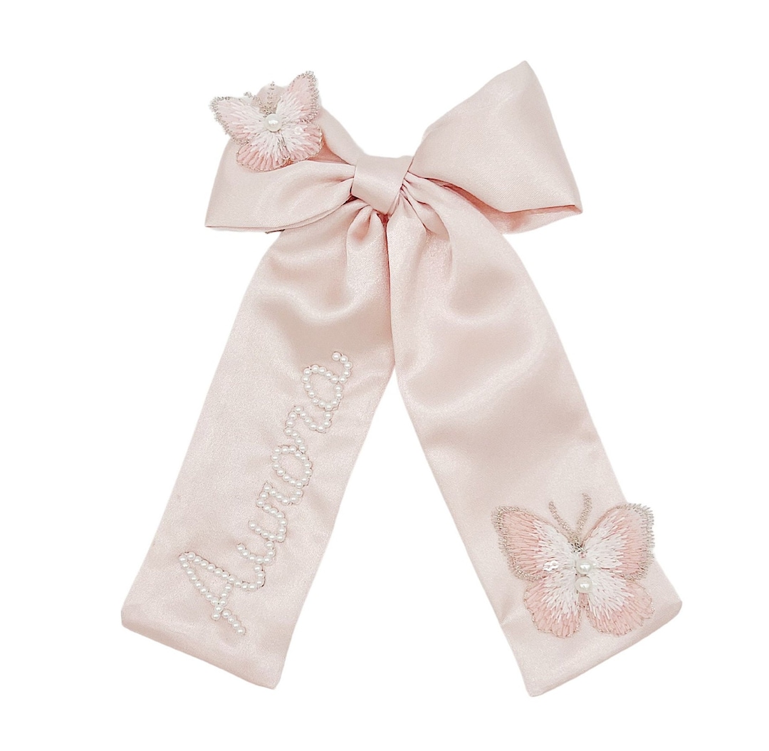 Blush Pink Custom Name Beaded Bow With Pearls and Butterflies - Etsy
