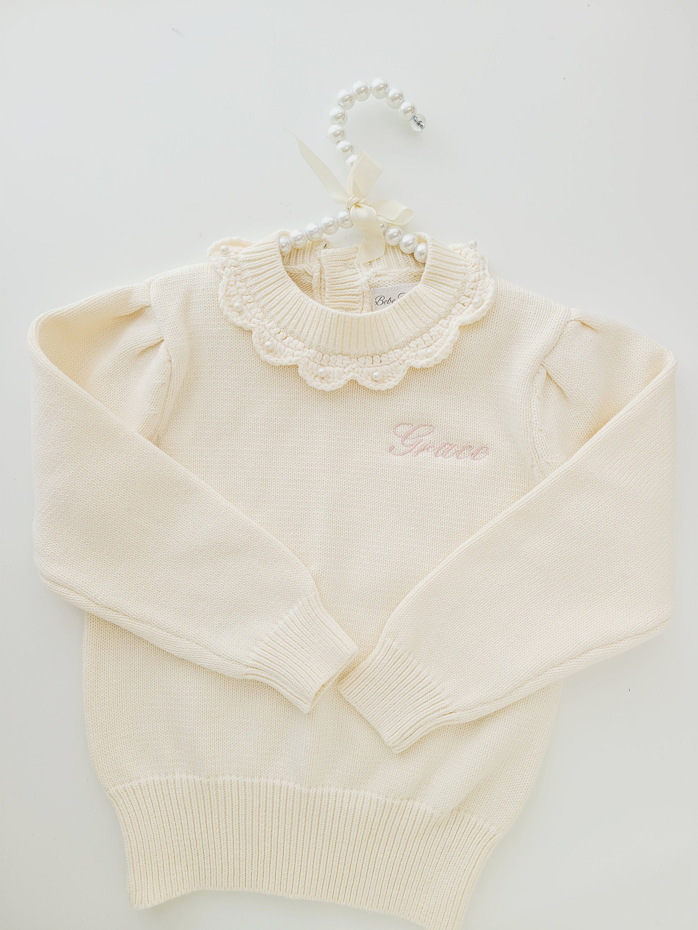 Personalized Girls Ivory Sweater With Pearls Embroidered Name | Etsy