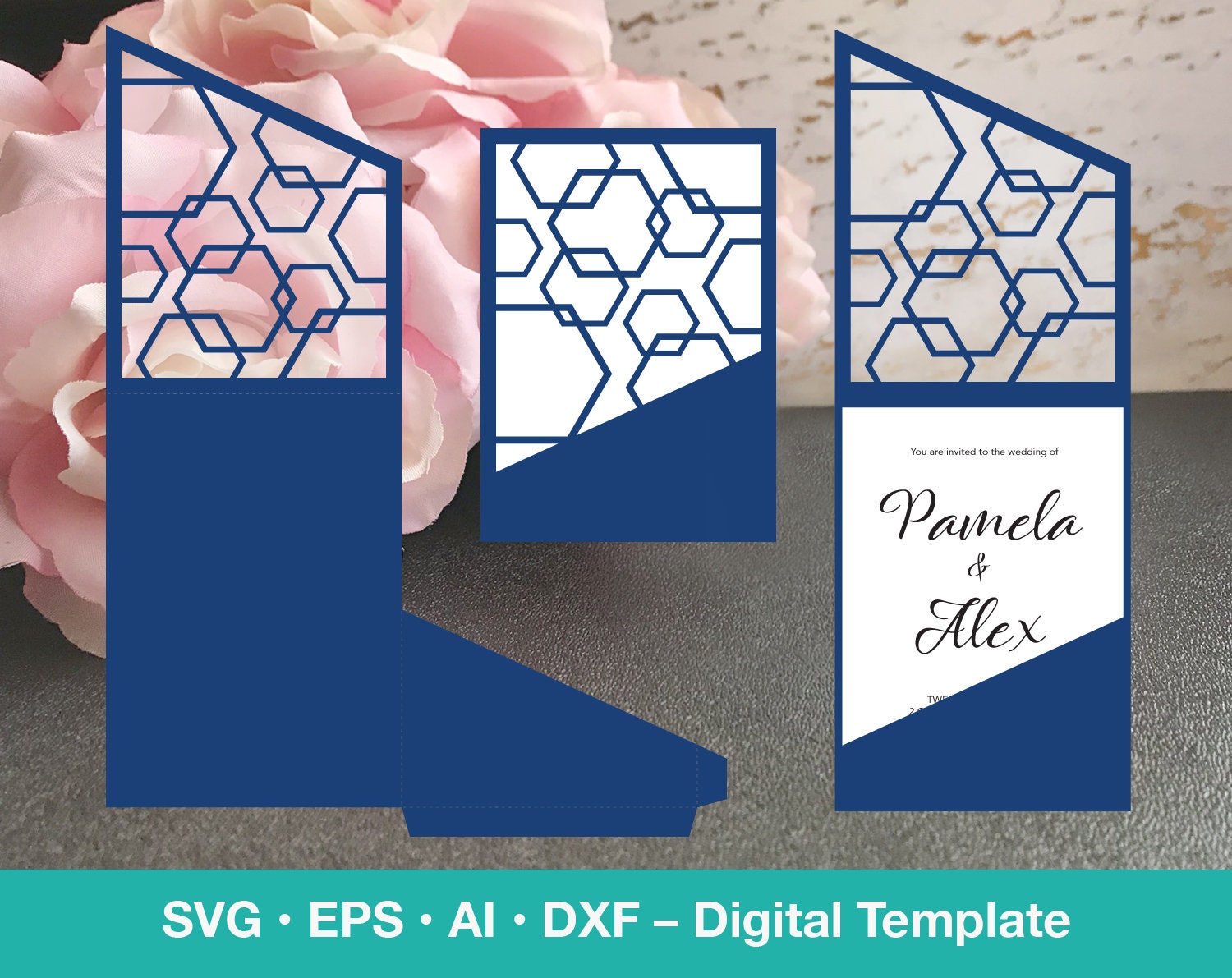 Geometric Wedding Pocket Invitation SVG Template for Cricut | Etsy