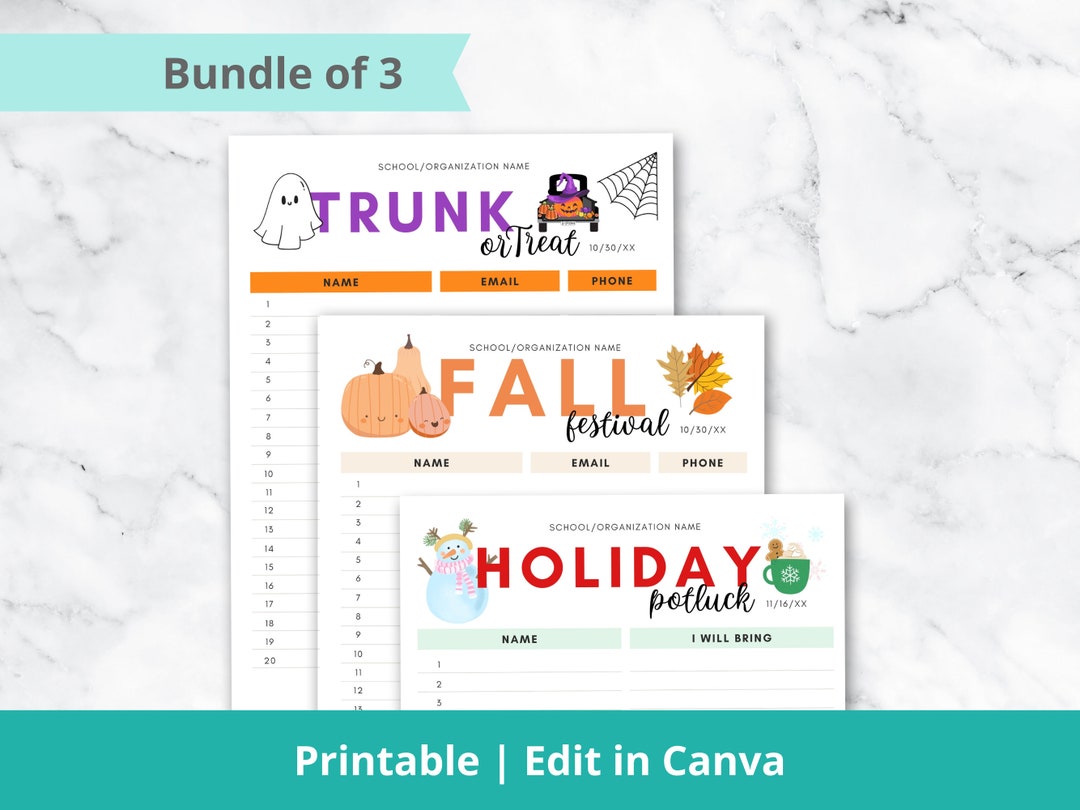 Printable Fall Festival Sign up Sheet Bundle, Trunk or Treat Editable ...