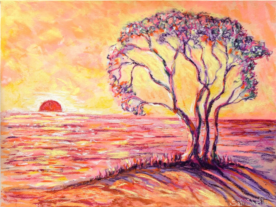 Sunset Painting Tree Original Art Seascape Soft Pastel Artwork Tree of ...