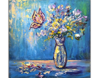 Butterfly Painting Blue Monarch Original Arwork Small Floral Oil ...