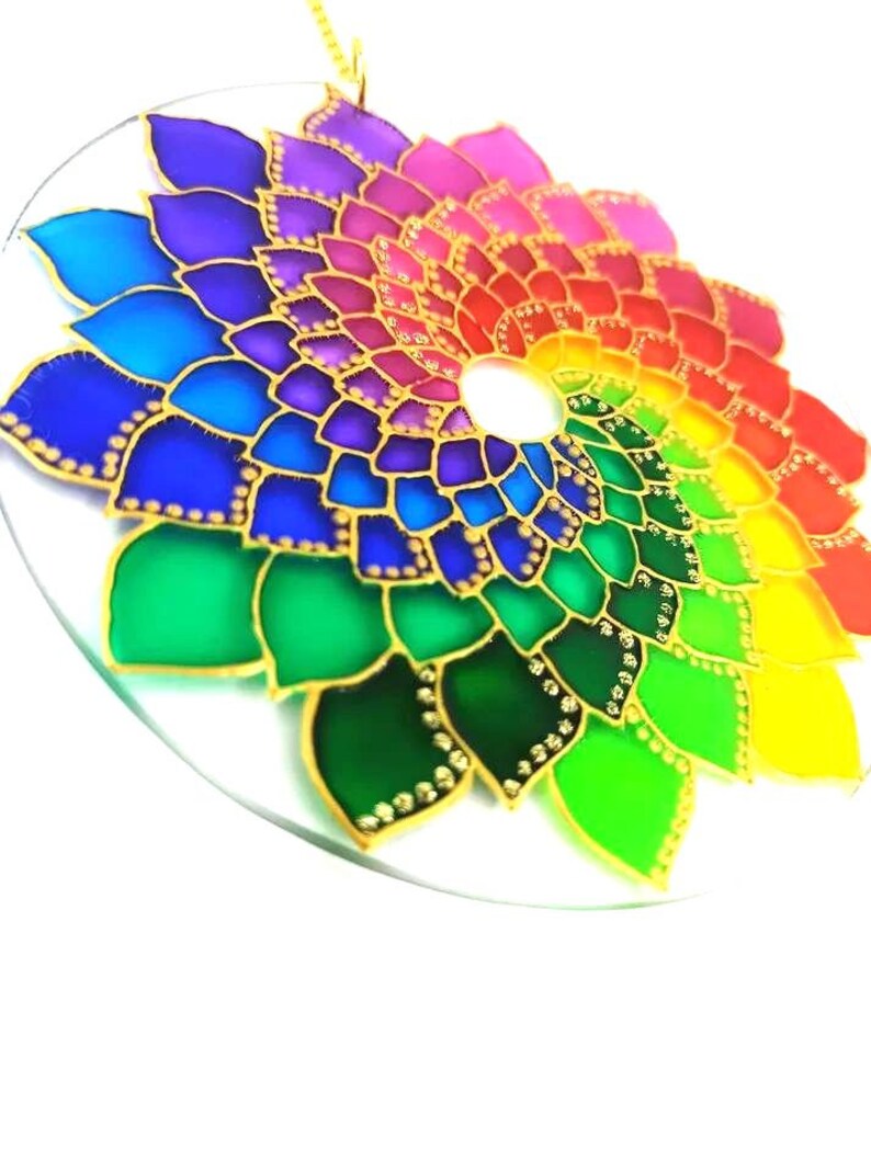 Hanging Suncatcher rainbow mandala Hand painted glass mandala | Etsy