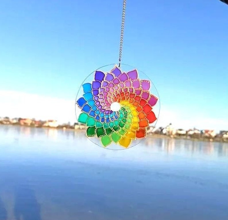 Hanging Suncatcher rainbow mandala Hand painted glass mandala | Etsy