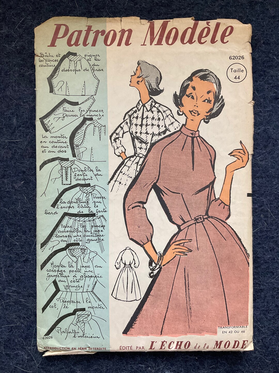 1950s Vintage Sewing Pattern 44 DRESS by French Patron Modele 62026 - Etsy