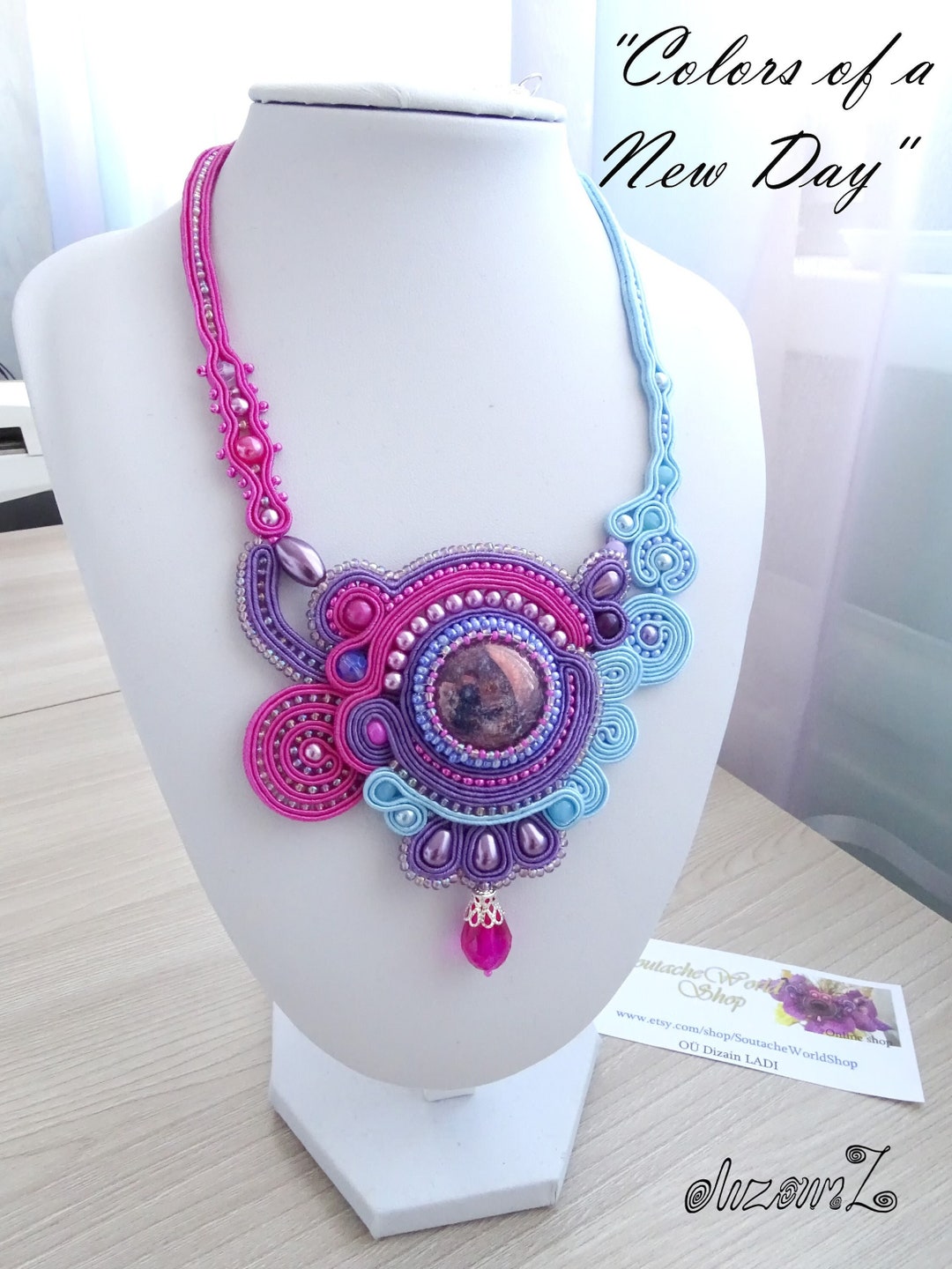 Soutache Necklace "colors of a New Day". Pink, Blue, Purple Necklace ...
