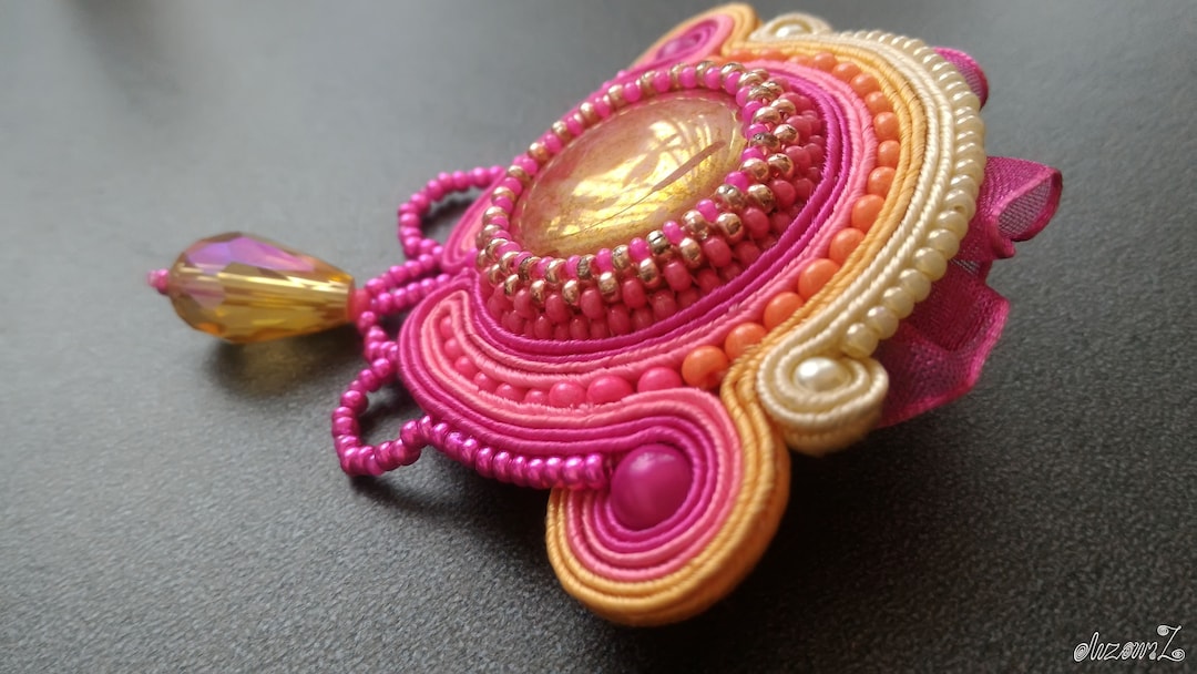 Pink Soutache Brooch With Pendant "sweet Waiting" Bead Brooch Gift for ...