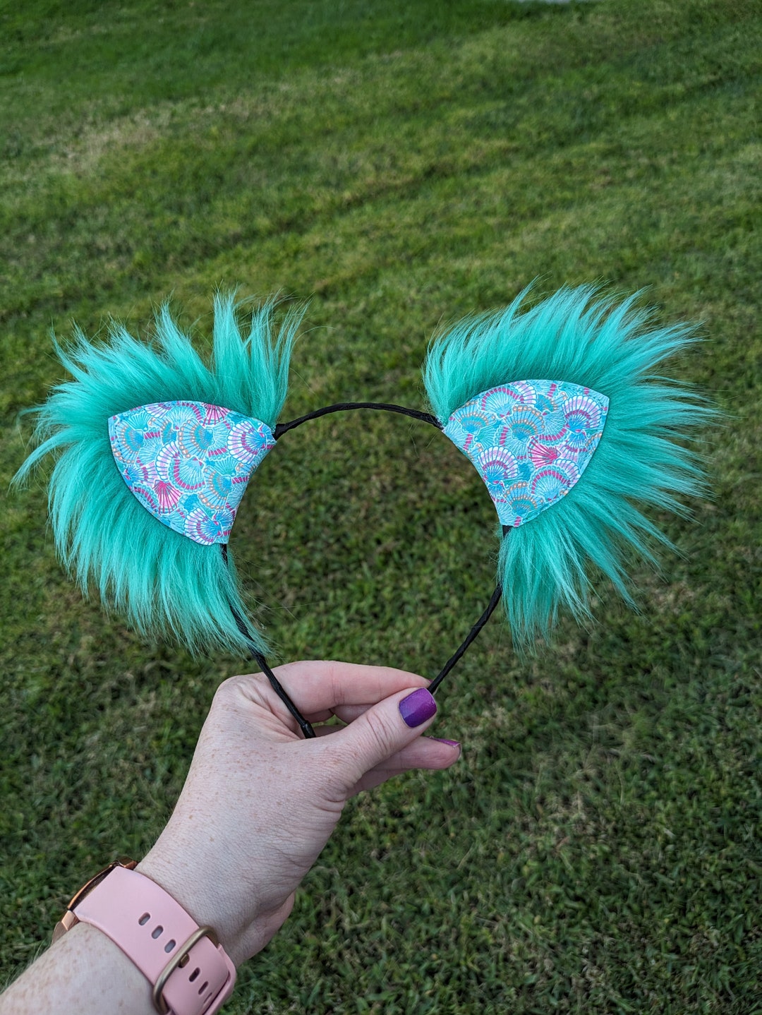 Sea Green Pastel Sea Shells Cat Ears With Faux Fur, Mermaid Kittycorn ...